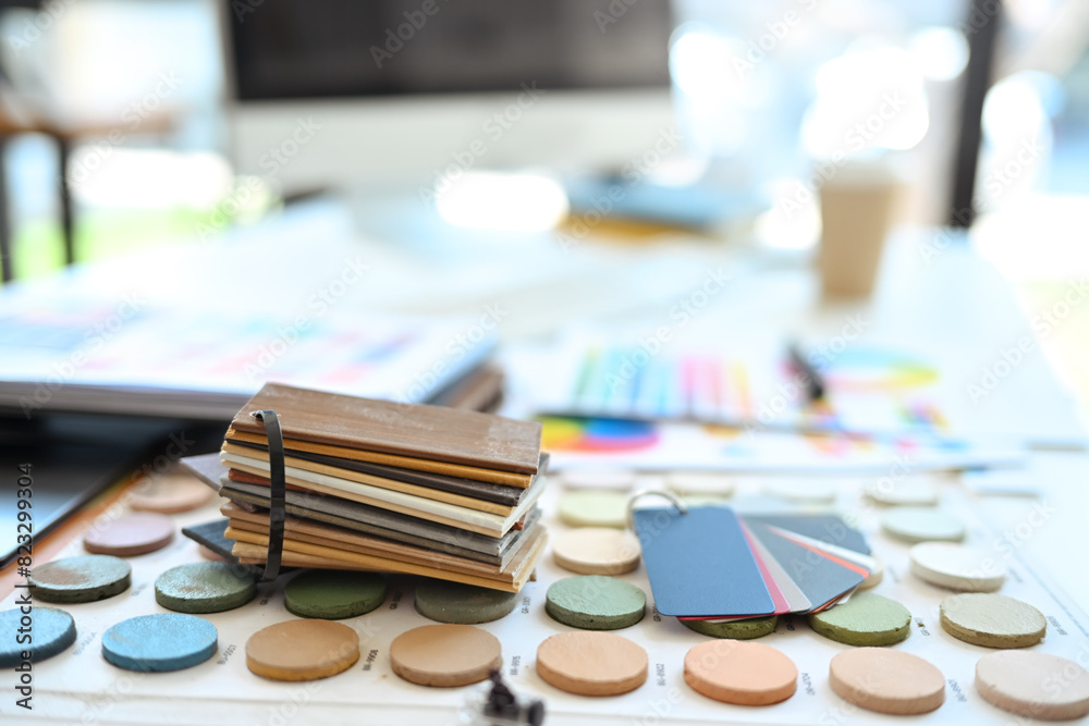 Sample of wooden panel for furniture and color swatches and on creative ...