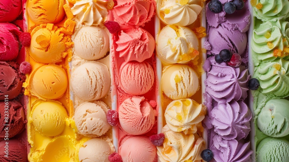 Diverse rainbow of mouthwatering gelato flavors in a traditional ...