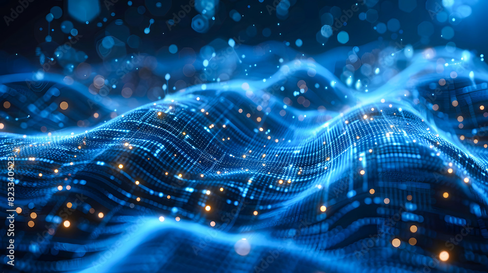 Abstract blue tech background with digital waves, cyber quantum computing and electronic global ...