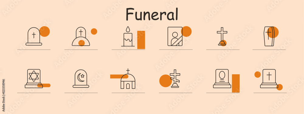 Funeral set icon. Headstone, grave, candle, portrait, cross, tombstone ...