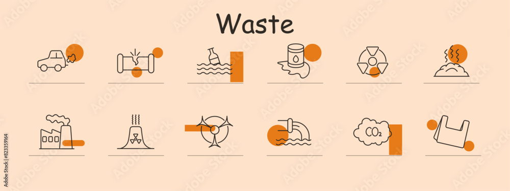 Waste set icon. Car exhaust, broken pipe, bottle in water, oil spill ...