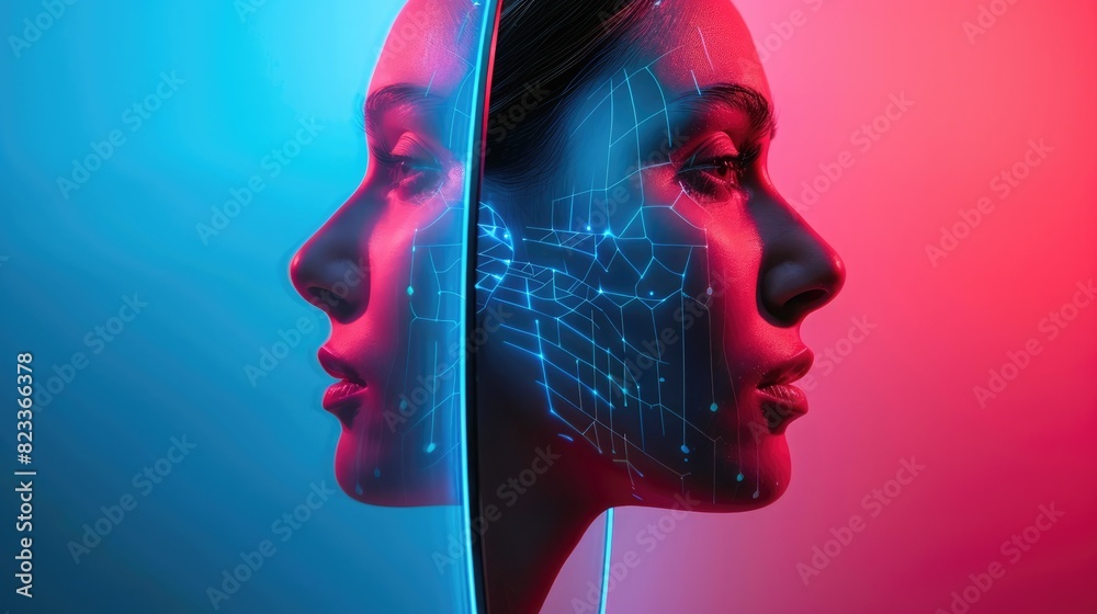 Mirror reflects a human face and its digital twin, highlighting the ...