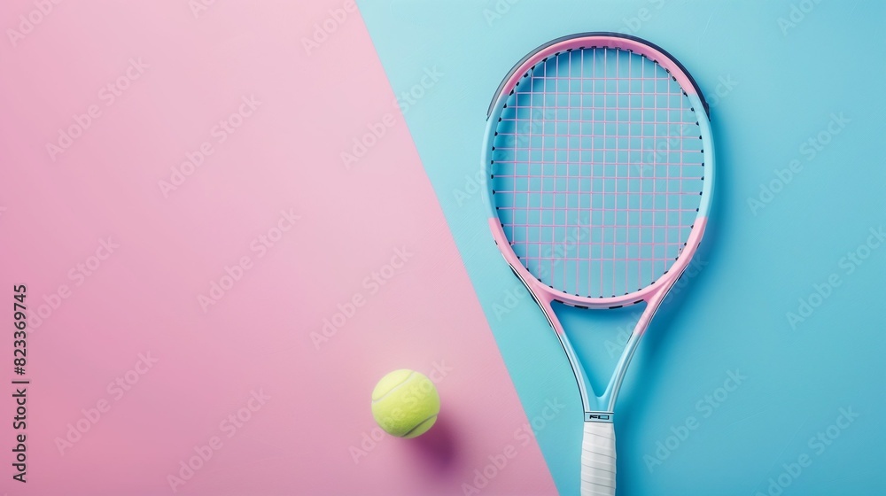 Pink And Blue Background With A Racket And A Tennis Ball A Backdrop