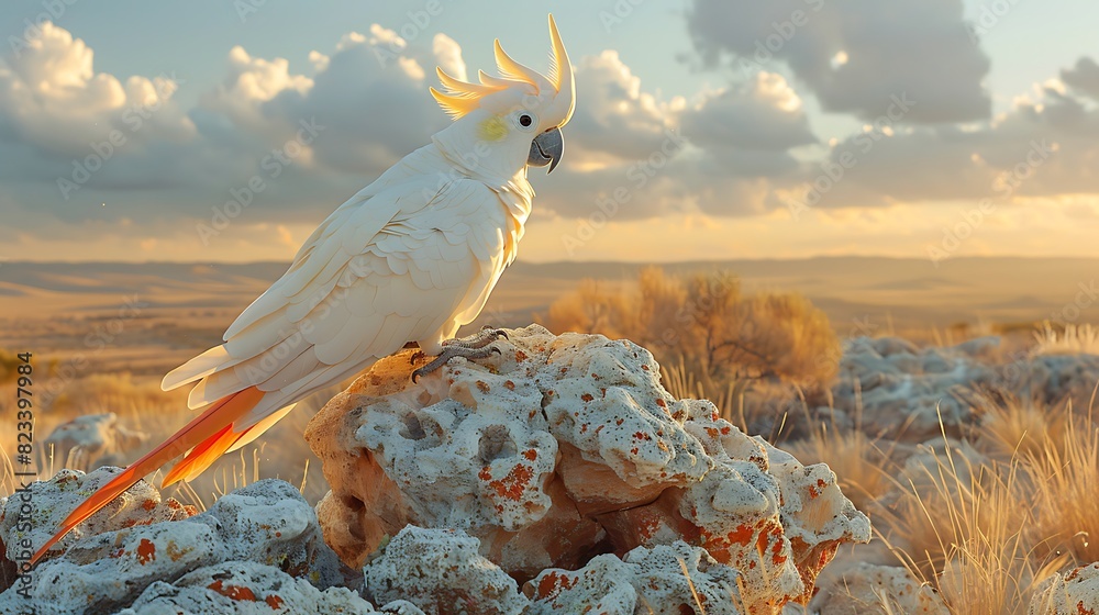 Perched atop rocky outcrop Australian Outback a majestic cockatoo named ...