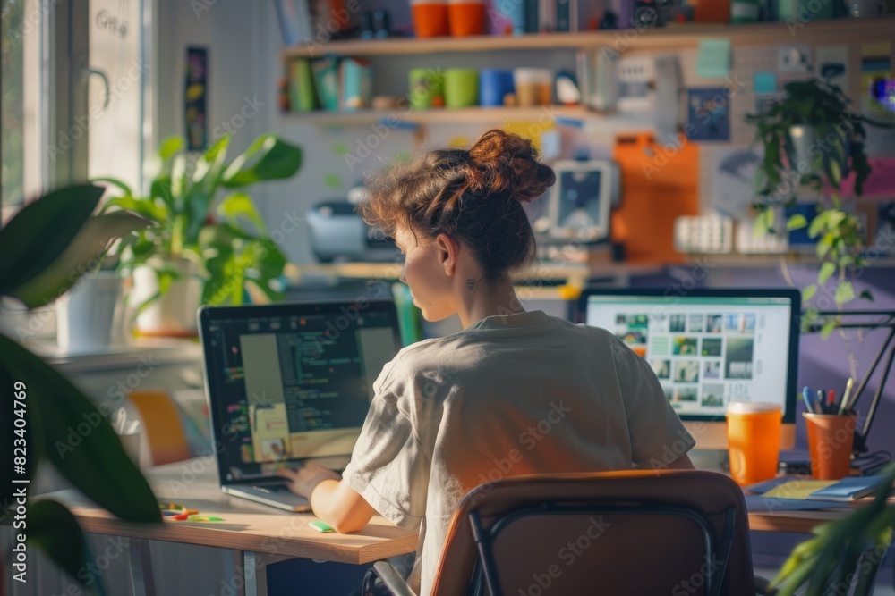 individual working alone at a desk station, deeply focused on a laptop ...