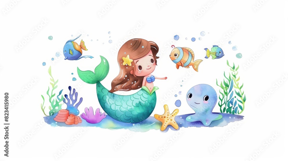 Animated cartoon character of the mermaid interacting with marine life ...