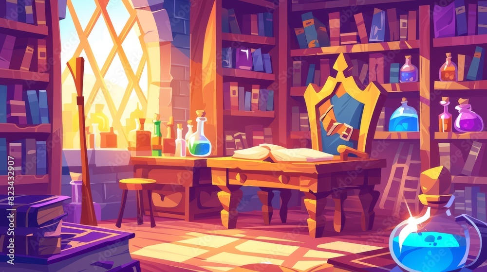 Modern illustration of wizard school old books and potion. Medieval ...