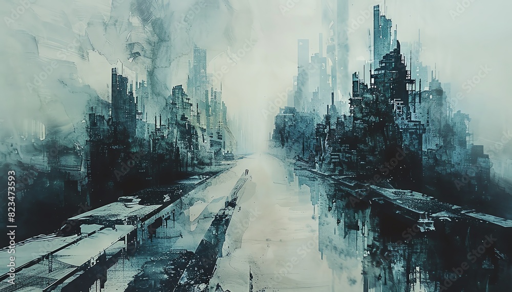 Imagine a futuristic dystopian world from a rear view perspective Stock ...