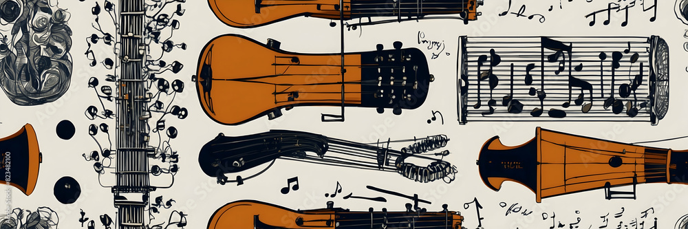 Black and white pattern featuring classical violins and music notes ...