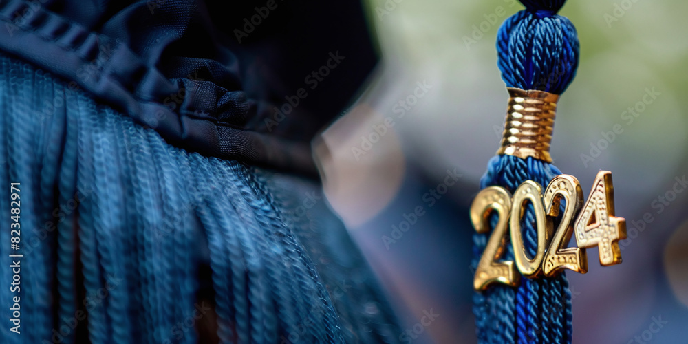 close-up photo of graduation cap with 2024 golden pin on it, class of ...