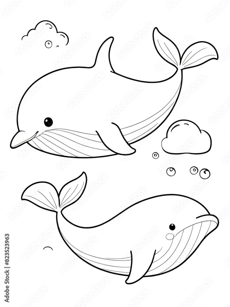 cartoon whale coloring book pages, black and white designs for kids and ...