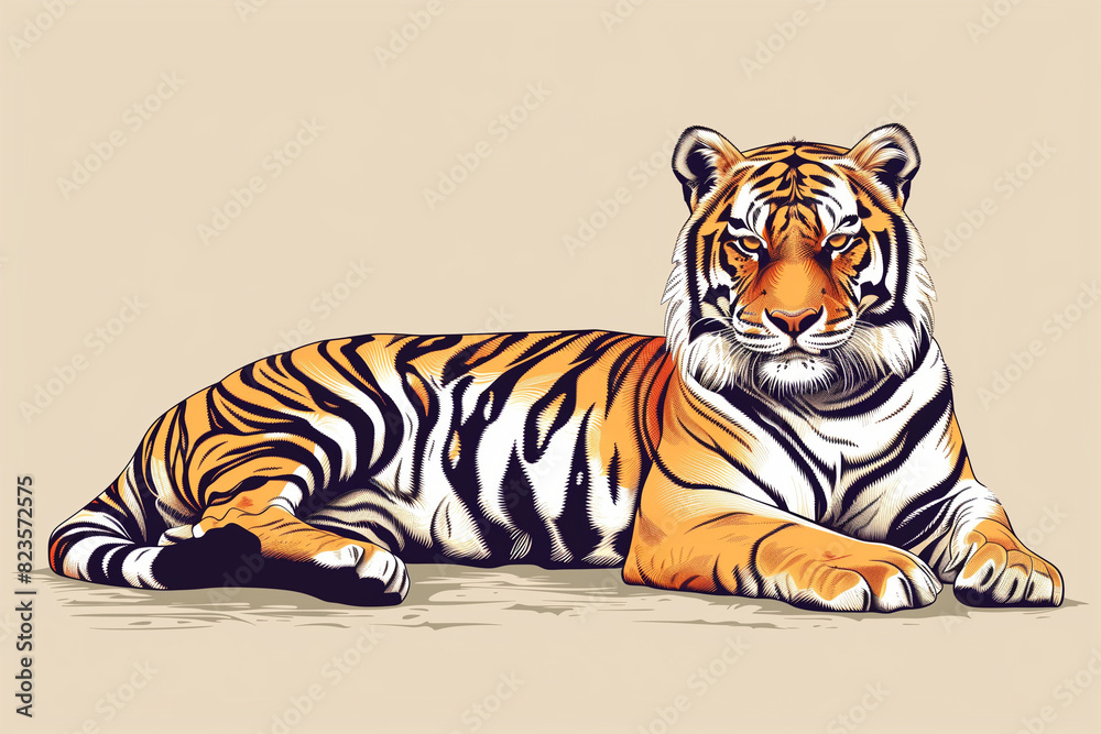 Tiger Laying on Ground Drawing: Full Body Vector Illustration of ...