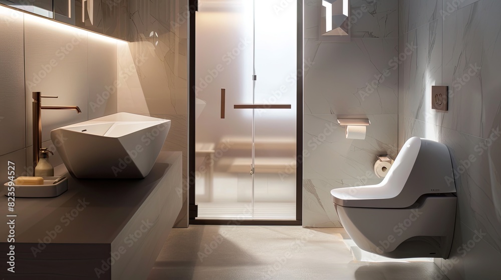 minimalist bathroom with an ultra-modern toilet, a geometric sink, and ...