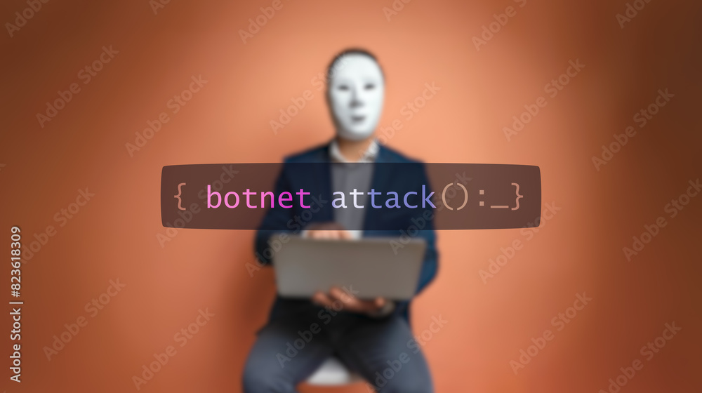 Cybersecurity concept botnet attack on foreground screen, hacker silhouette hidden with low poly ...