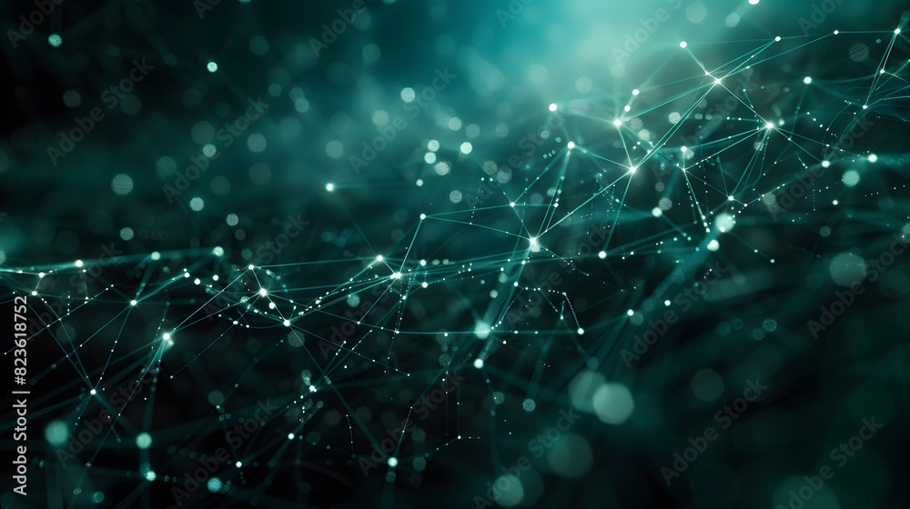 Abstract network with connecting dots and lines on a teal background representing technology ...