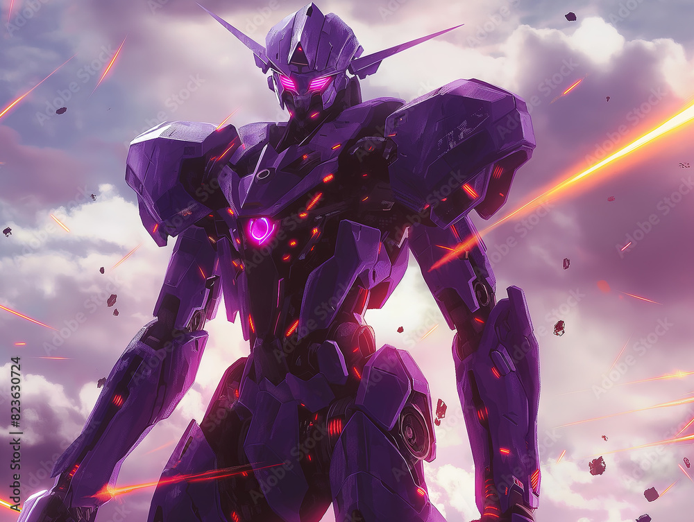 Giant Humanoid Robot, purple armour with glowing red eyes and neon ...