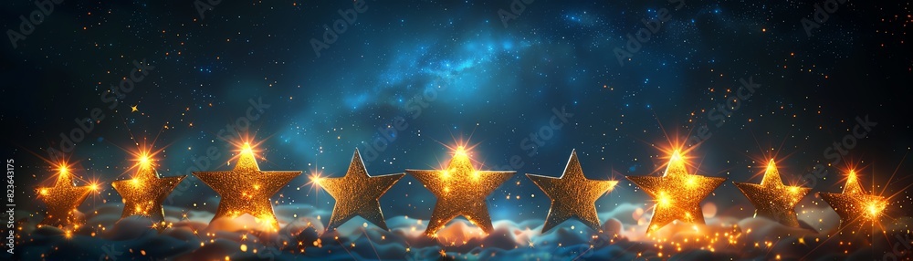 Illuminated golden stars in a row with a dark blue, starry background ...