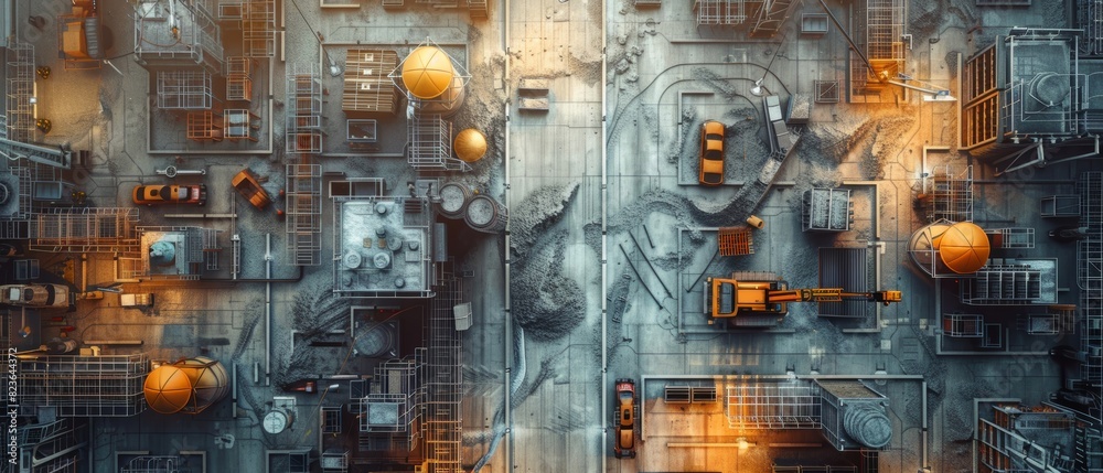 Concrete pouring with virtual blueprints, top view, modern techniques ...