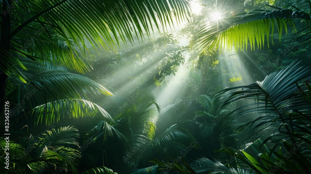 Tropical rainforest, sunlight streaming through canopy close up, focus ...
