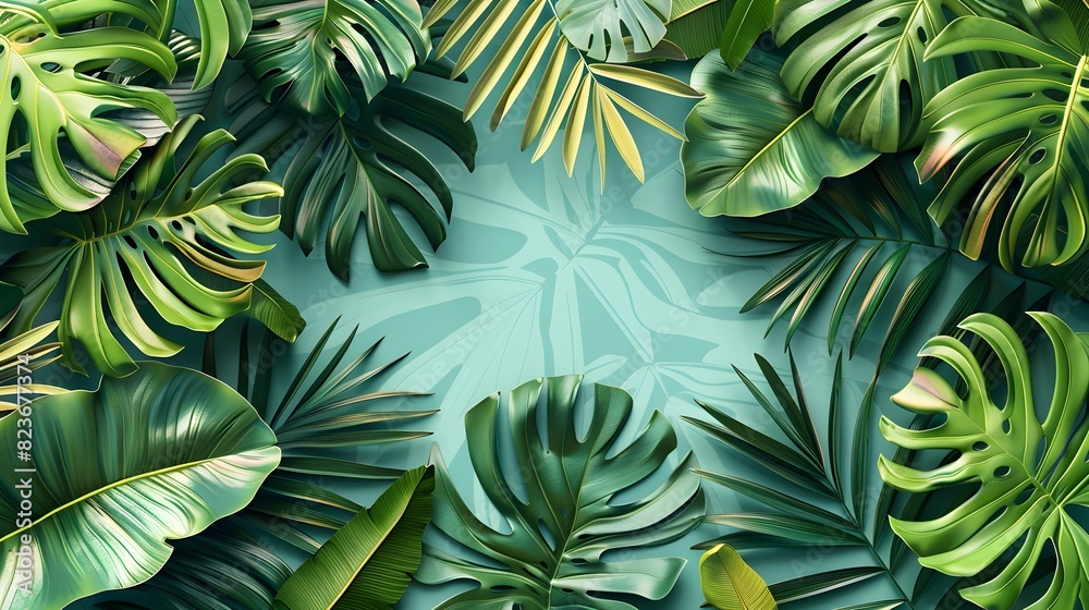 Vibrant Overlapping Tropical Leaves Composition in Lush Ivory and Green ...