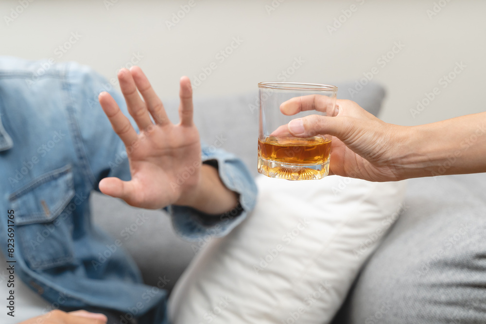 Stop alcohol concept. Person refuse to drink alcohol. Stock Photo ...