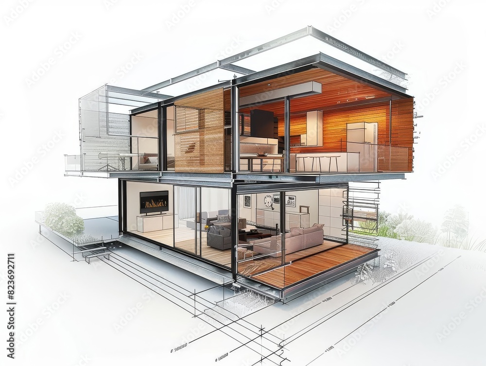 Architectural sketch of a modern house with cutaway view revealing ...