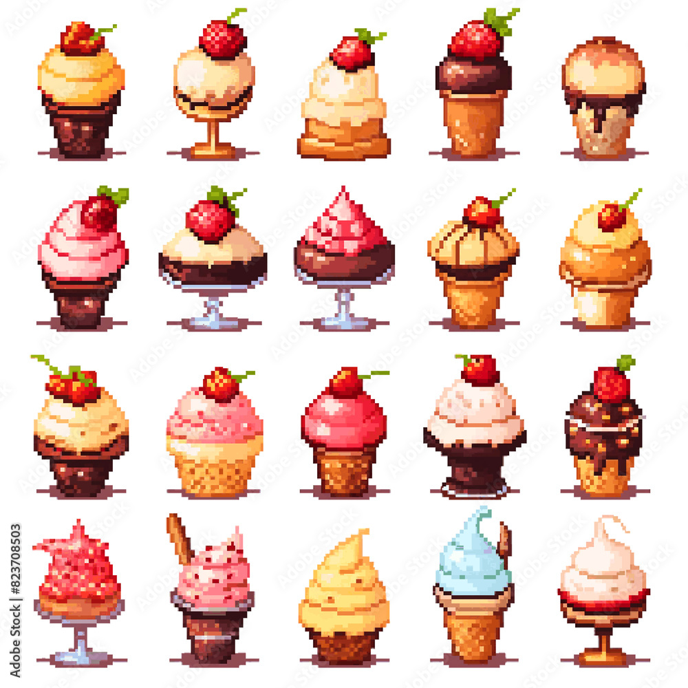 8bit pixel art set of icons for ice cream isolated on white background ...