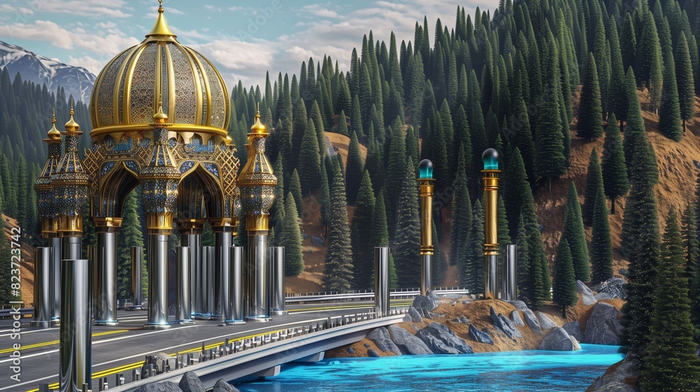 mosque nestled along a highway that traverses through hilly terrain ...