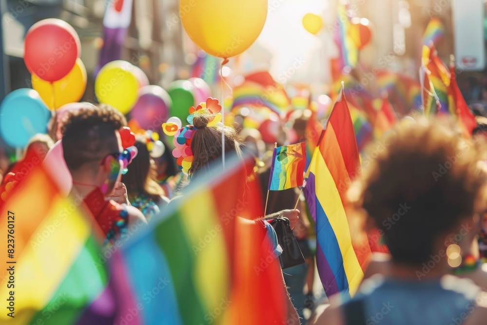 A vibrant parade with diverse people marching, holding colorful Pride ...