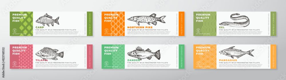Fish Seafood Vector Packaging Label Design Collection Modern Typography ...