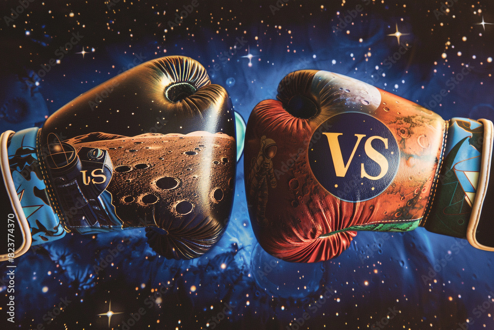 Boxing gloves with a space-themed design, one depicting the moon ...