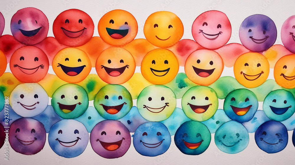 Rainbow Watercolor Painting, smiley face emoji pattern design ...