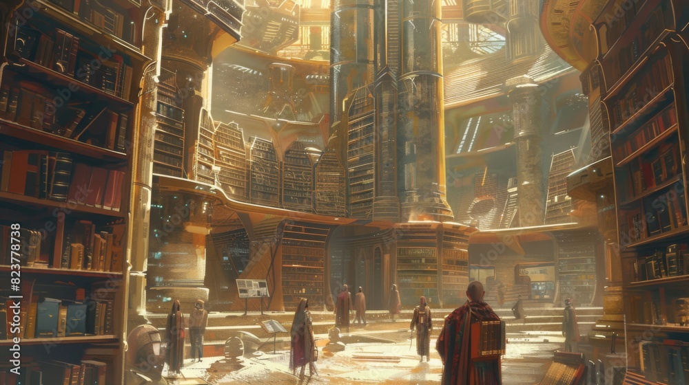Visitors wander through a majestic, multi-level library with towering ...