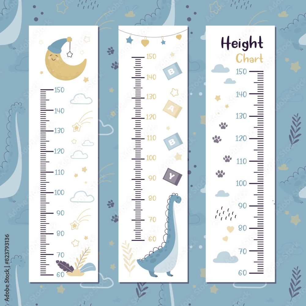 Kids meter wall with cute dinosaur and measuring ruler. Set of kids ...