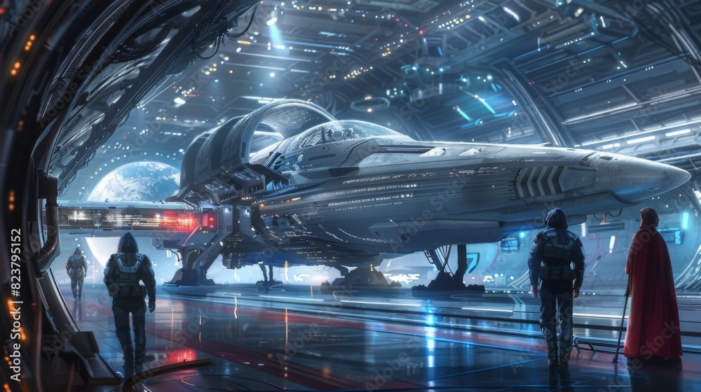 A sleek, futuristic spaceship is docked in a high-tech space station ...