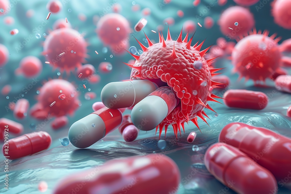 Flat design 3D model of drug interacting with cancer cell, front view ...