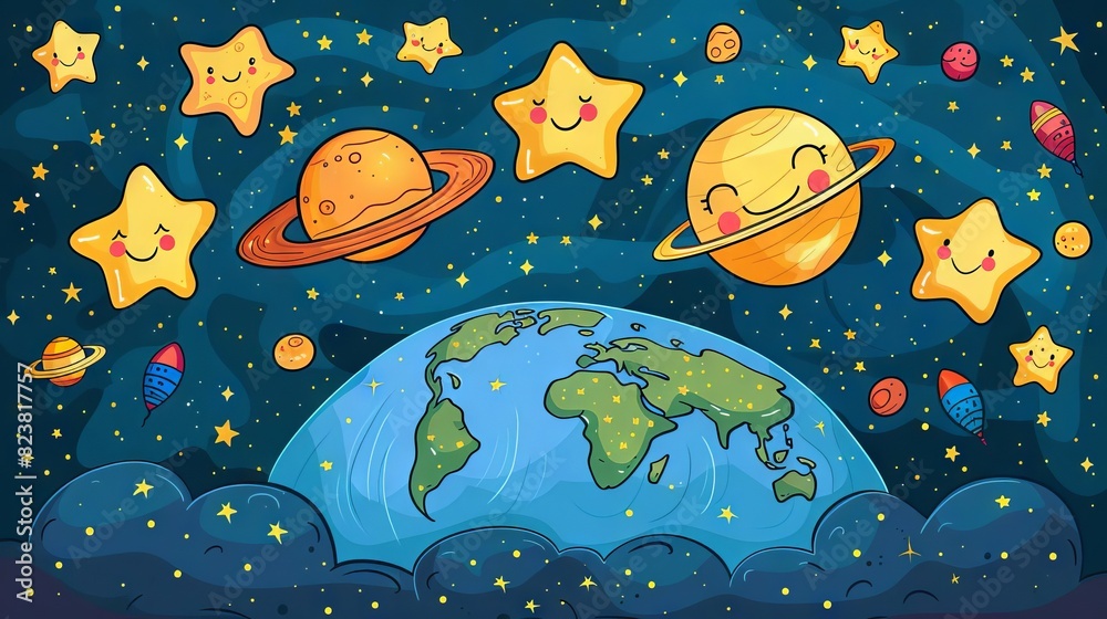 The image shows a cartoon night sky with smiling planets and stars. The ...
