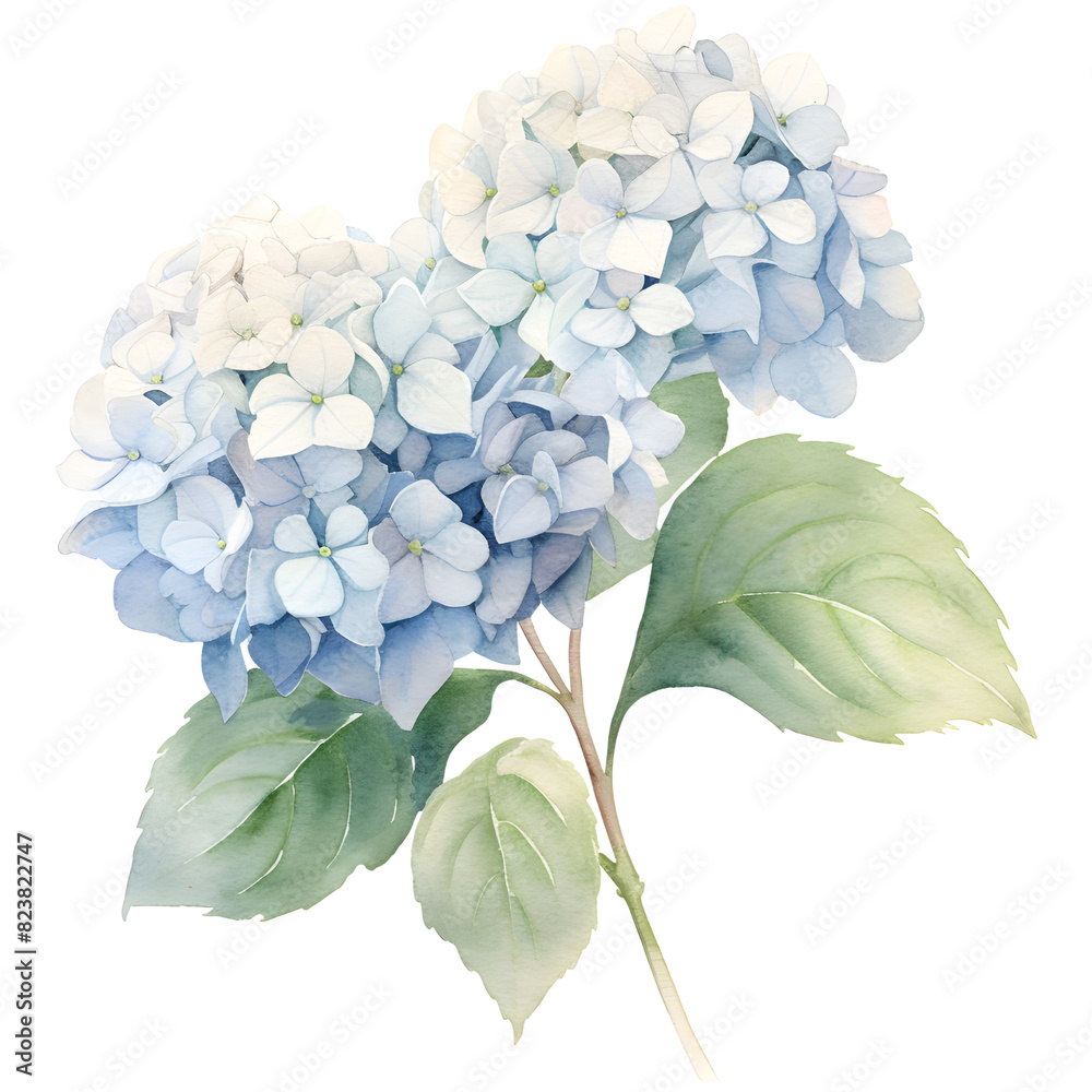 Watercolor illustration of light blue hydrangea flowers with green ...