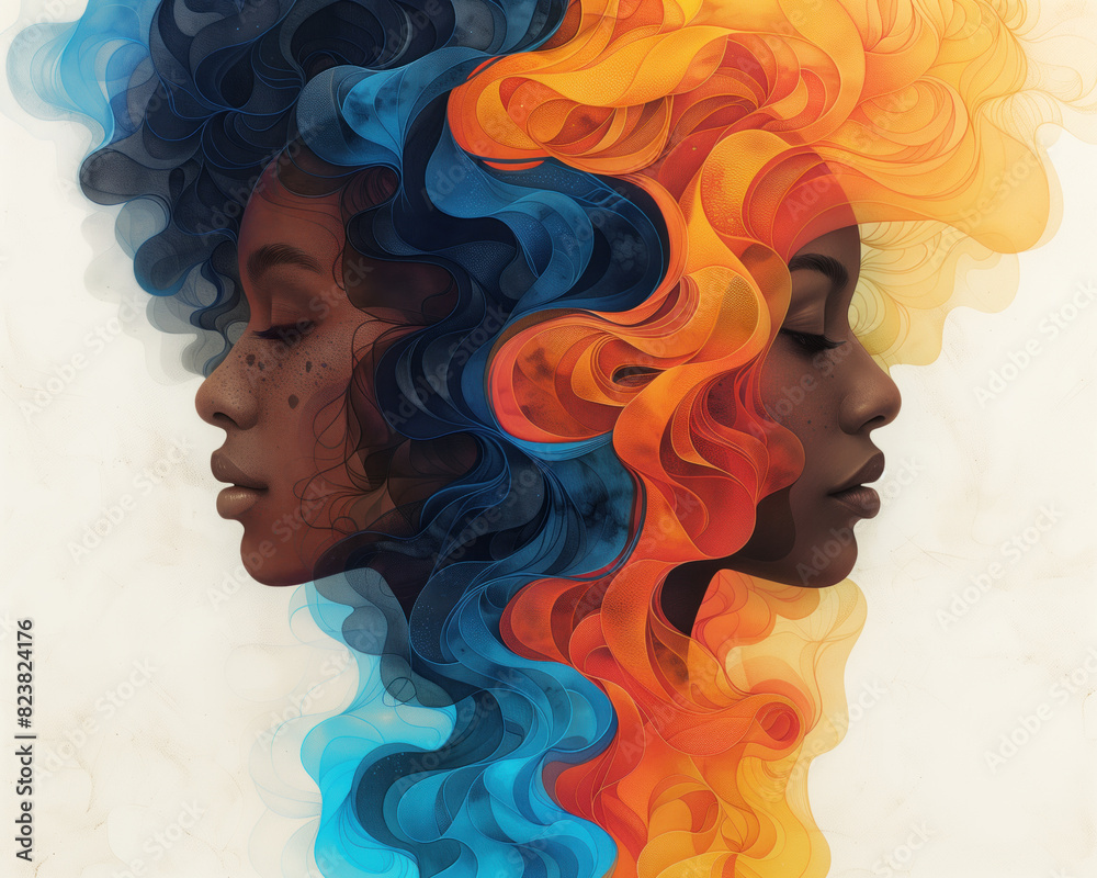 illustration of the faces a black female couple looking in opposite ...
