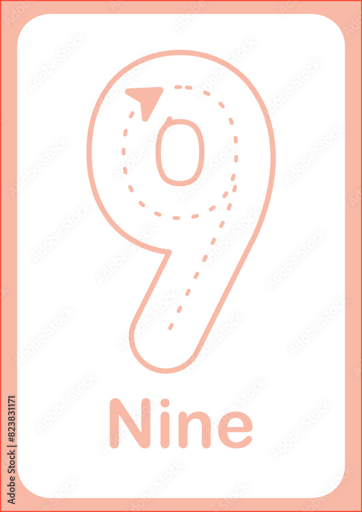 Printable flashcard trace number 9 and text for children. For preschool ...