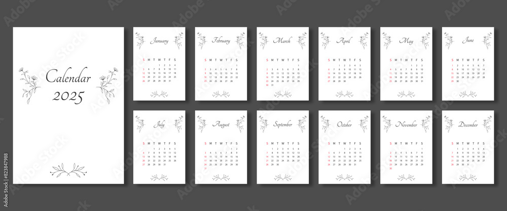 Vector illustration. Minimalist calendar 2025 template. Week Starts on ...