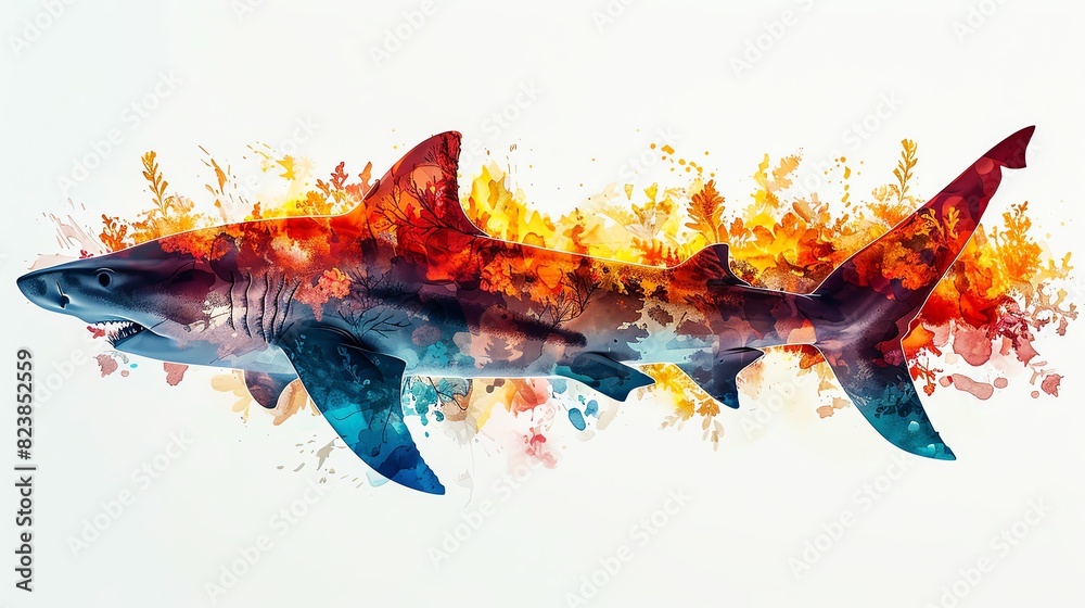 Watercolor painting of shark on white background. The shark is facing ...
