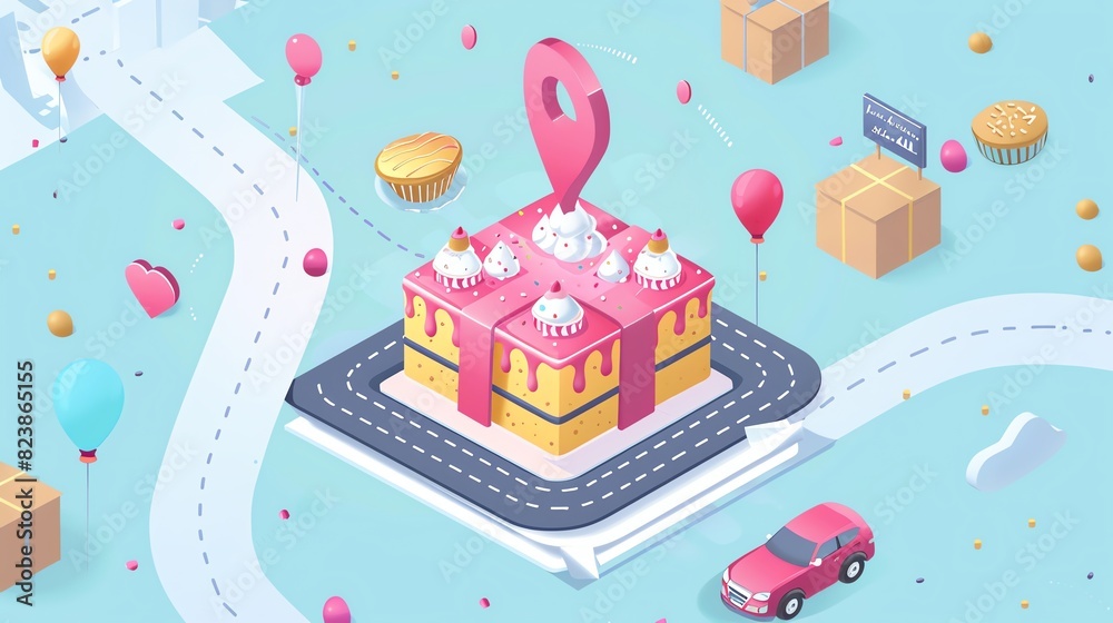 Cake delivery service map flat design front view logistics details ...