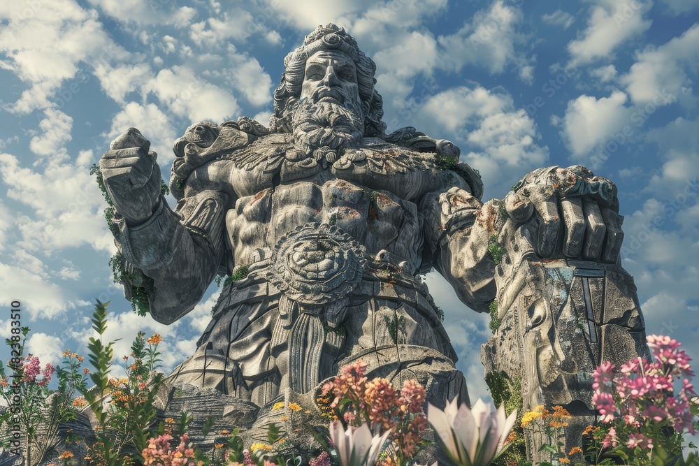 Worms-eye view of a colossal statue of a mythological warrior, detailed ...