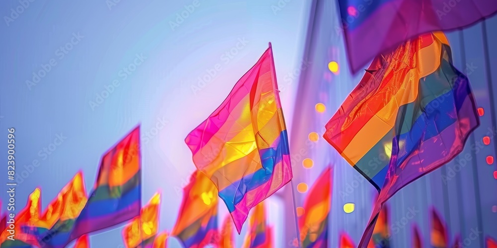 LGBT flags on light background: pride festival, diverse crowd ...