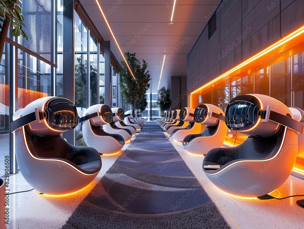 Rows of illuminated VR pods in a modern lounge with panoramic windows ...
