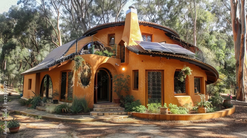 A modern home built with cob, featuring curved walls, natural pigments ...