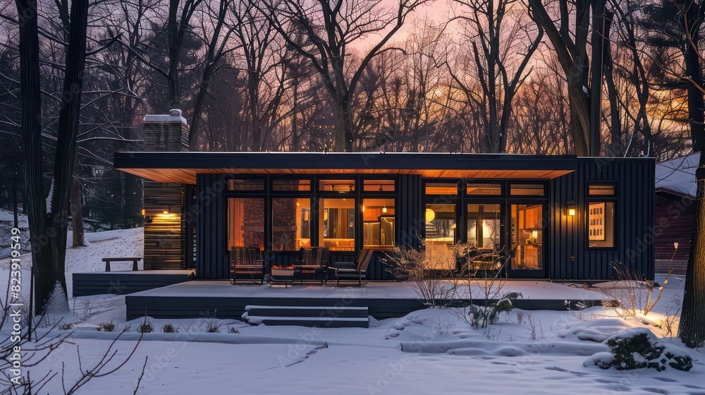 modern residence, winter cold environment, house facade is black metal ...