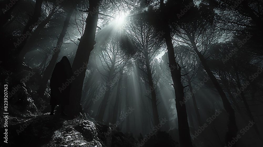 An image of an eerie scene in a dark forest, with trees casting long ...