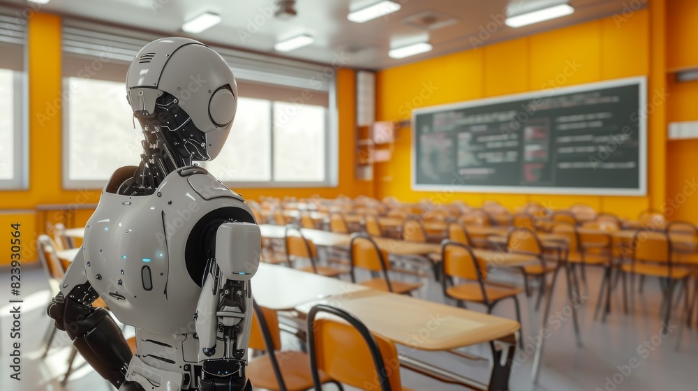 Back view of a humanoid robot teacher facing a chalkboard in an empty ...